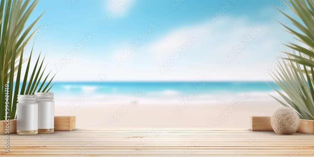 Beach product background with wooden counter, great design for any ...