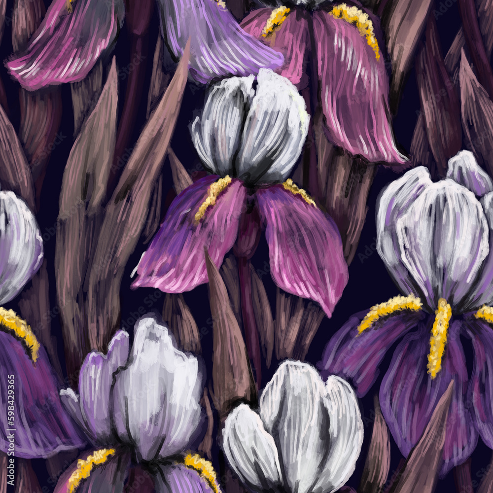Seamless floral pattern with irises. Fabric and packaging design. Stock ...
