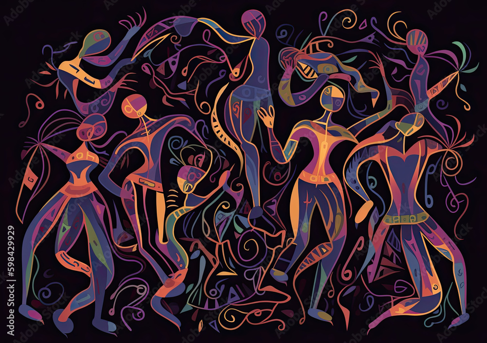 Abstract color illustration of humans dancing on black background ...