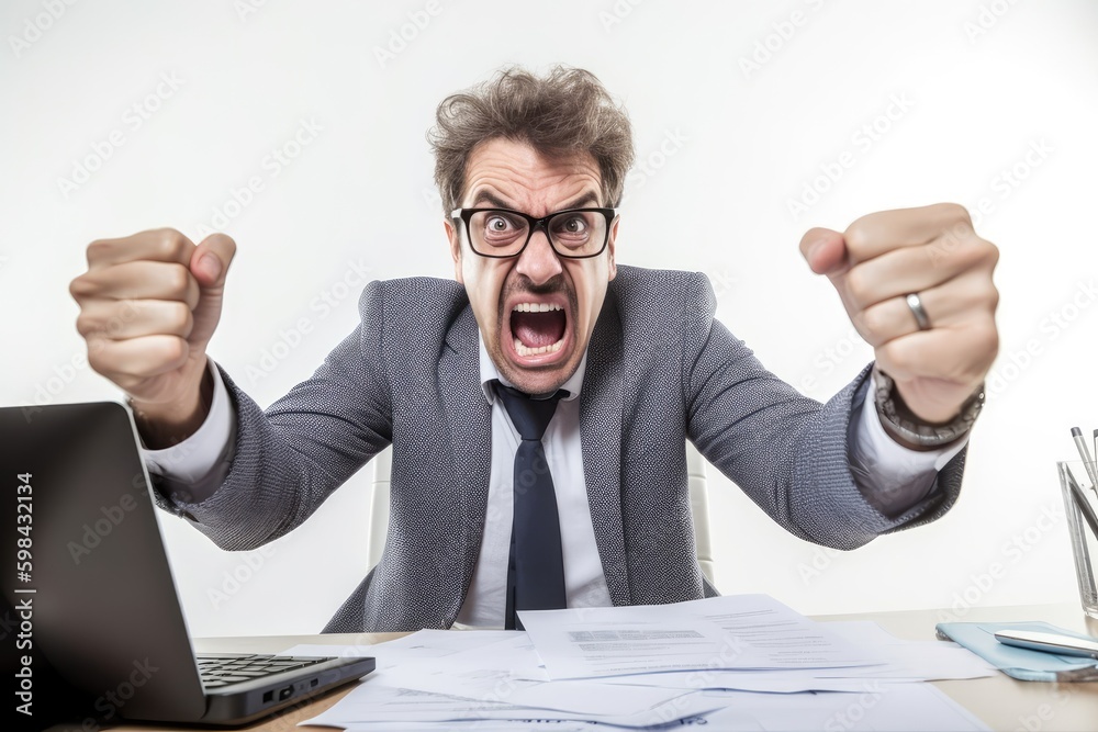 screaming mature male office boss with mustache and eyeglasses furious ...