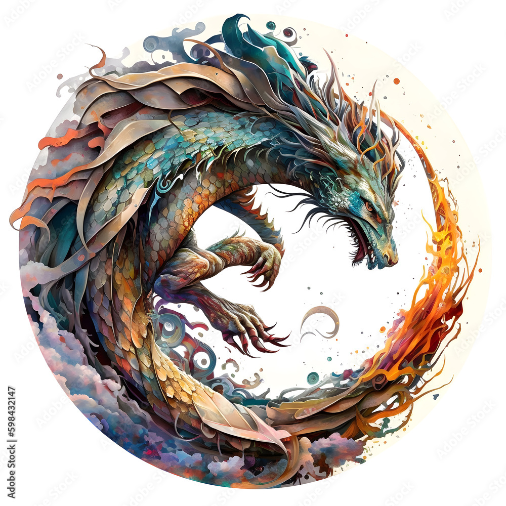 Fantasy dragon writhing in a circular emblem. Asian mythological ...