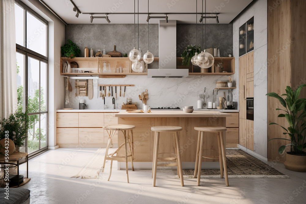 Cute modern kitchen, boho design interior style. Beige light colors ...