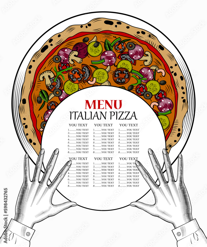 Italian pizza poster. Big round tasty pizza. Conceptual design of a ...