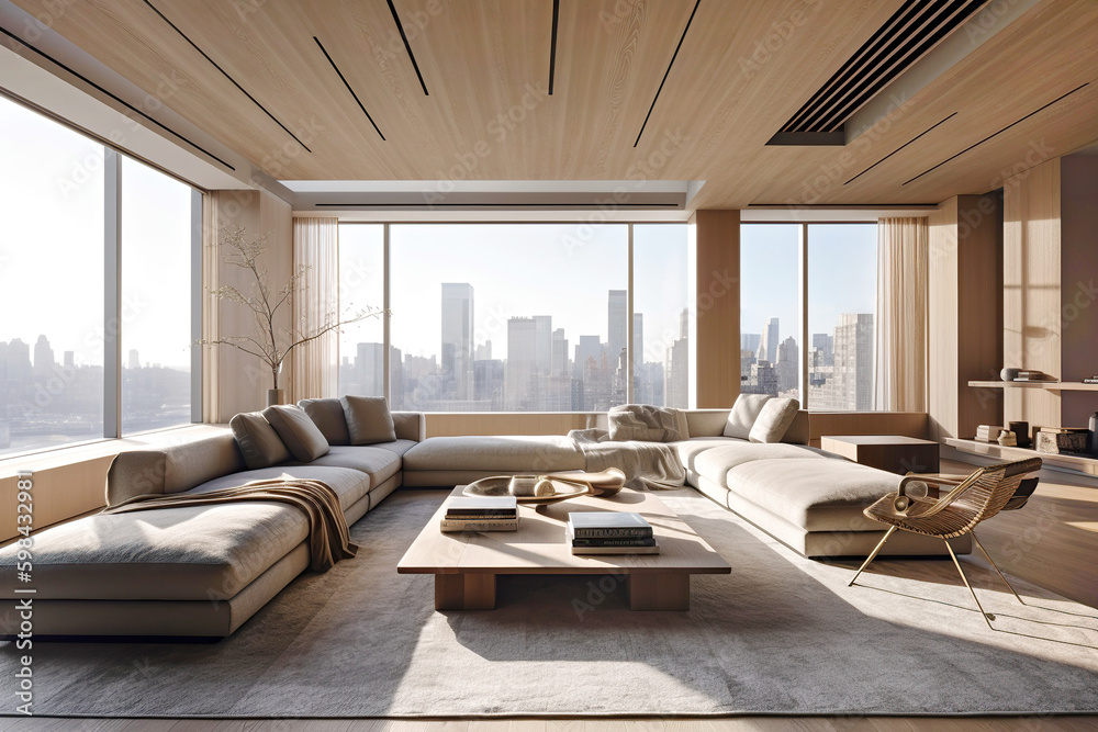 Minimalist apartment with city view. Interior design of modern living ...