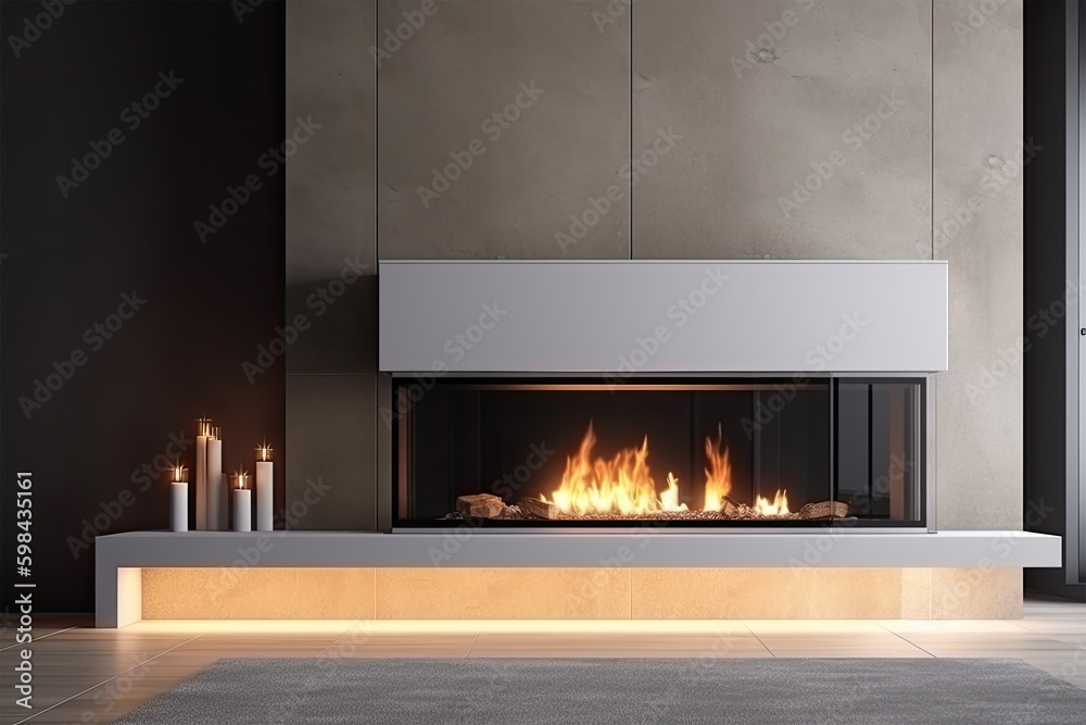 Closeup view of a modern luxury fireplace with fire burning inside ...