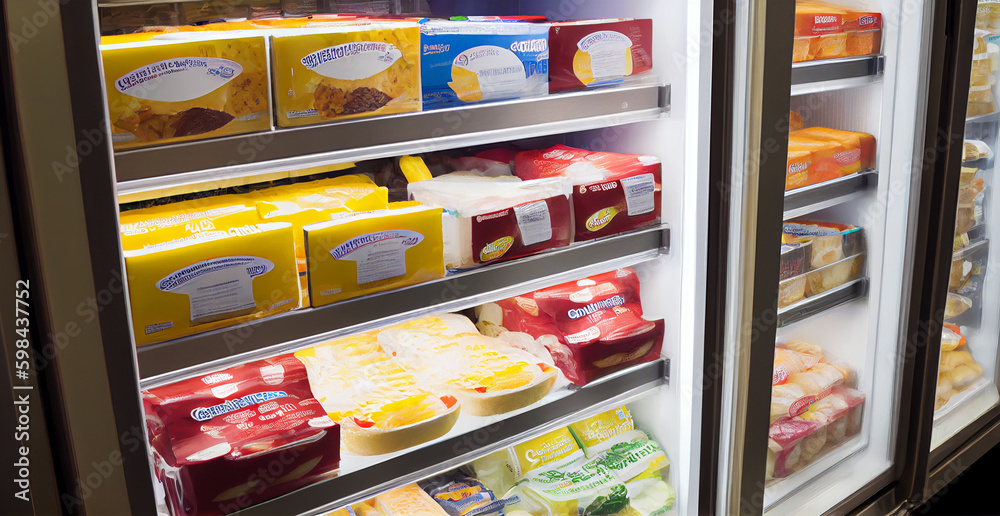 Freezer with huge glass doors and a variety of packaging of various ...