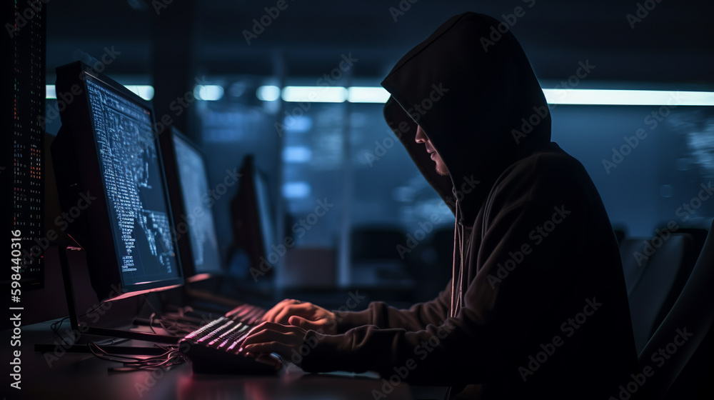 Hooded hacker stealing data from a computer. Dark background. generated by AI Stock-Illustration ...