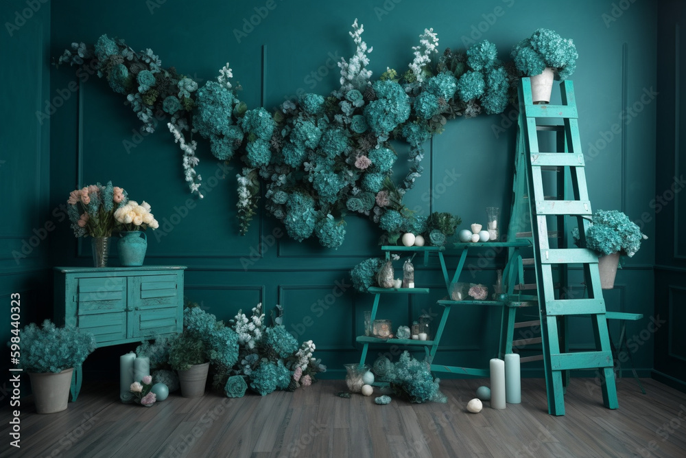 The Ladder Teal Floral Room Digital Backdrops, Maternity Backdrop ...