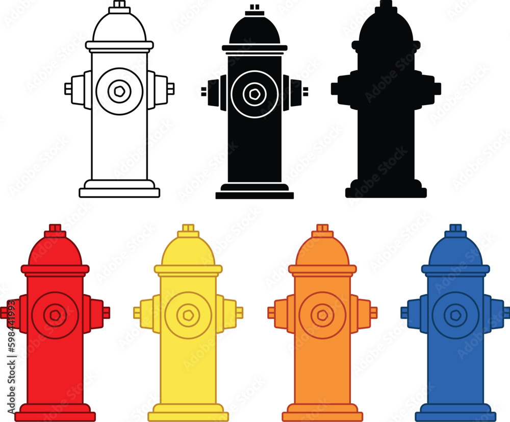 Fire Hydrant Clipart Set - Outline, Silhouette & Color Stock Vector | Adobe Stock