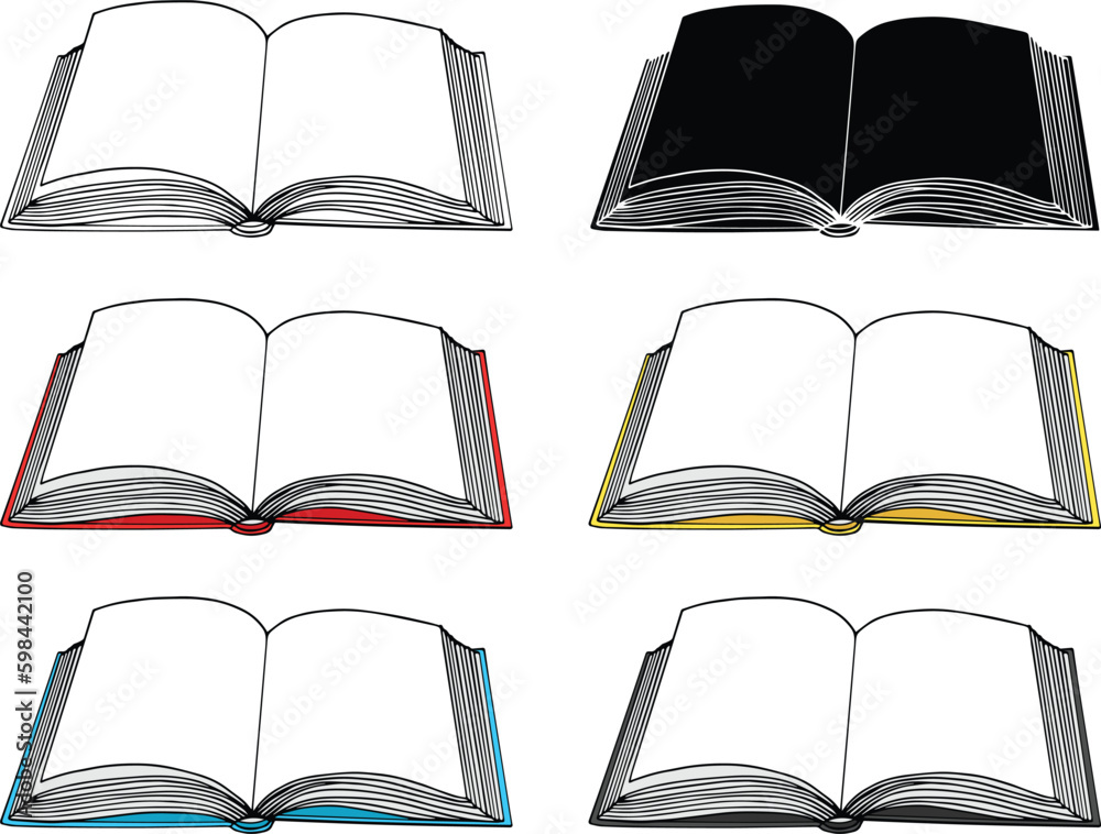 Open Book with Blank Pages Clipart Set - Outline, Silhouette & Color ...