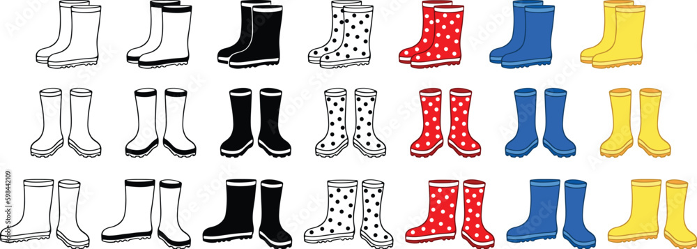 Rain Boots Clipart Set - Outline, Silhouette & Color Stock Vector ...