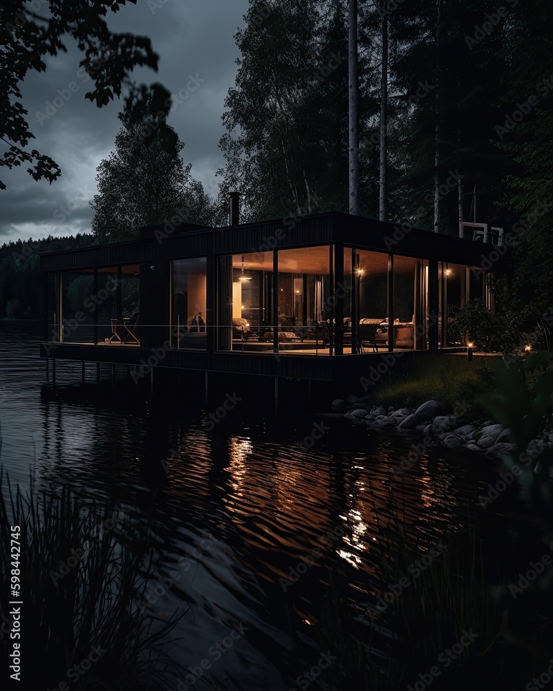 Cosy modern house with large glas windows. Located in the forest with a ...