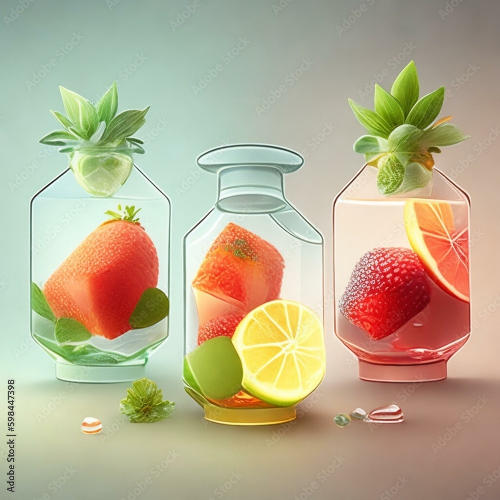 Drink, cocktail, Fresh canned fruit, flavored water. Food background ...