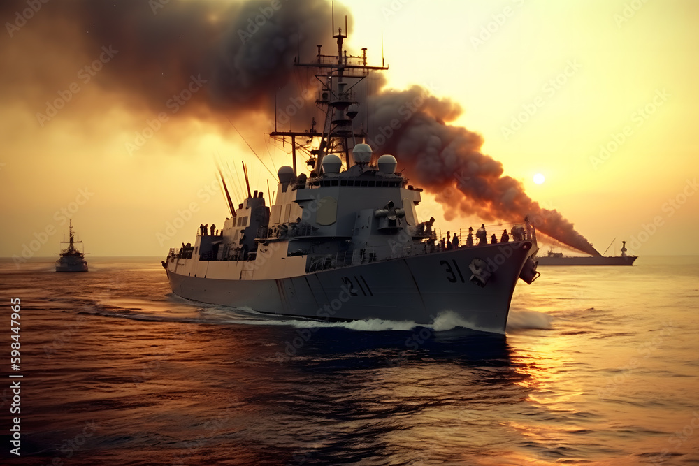 War concept. Night battle scene at sea. warship on fire. Neural network ...