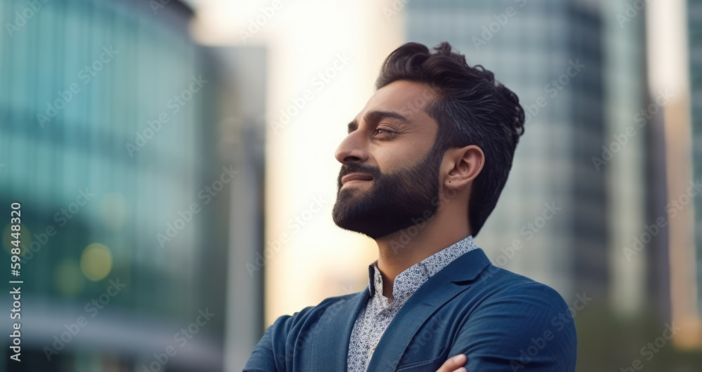 Happy wealthy rich successful business man standing in big city modern ...
