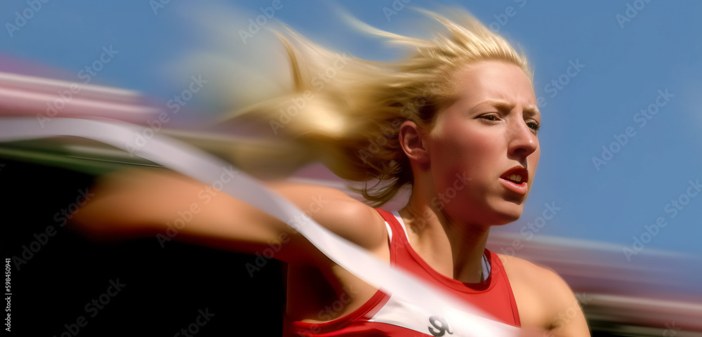 Young female athlete crossing finish line. Young woman runner crossing ...