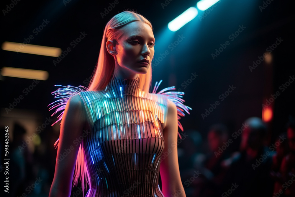 model walks down the runway wearing futuristic fringe dress and neon ...