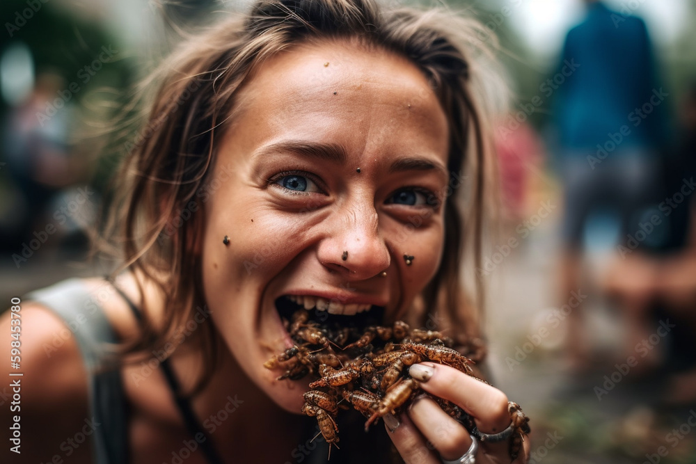 abstract, a woman eats insects, fictional insect species, disgusted ...