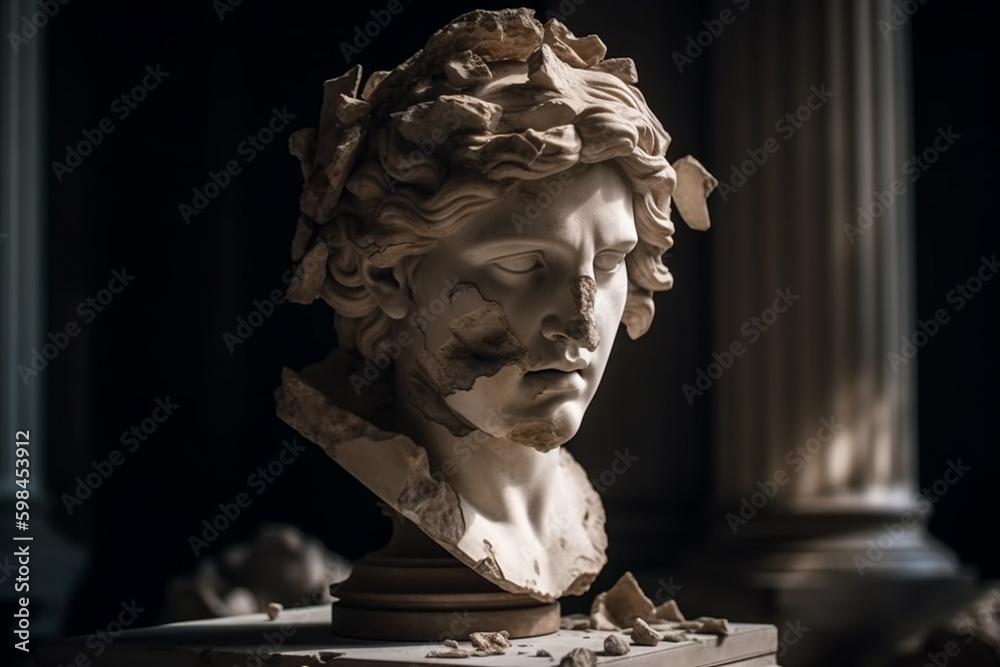 Broken ancient greek statue head falling in pieces. Broken marble ...