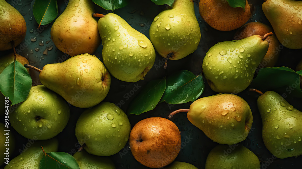 Fresh ripe pears with water drops background. Fruits backdrop ...