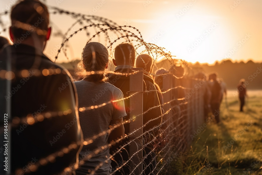 abstract, endless queue of refugees, fictitious place and people ...