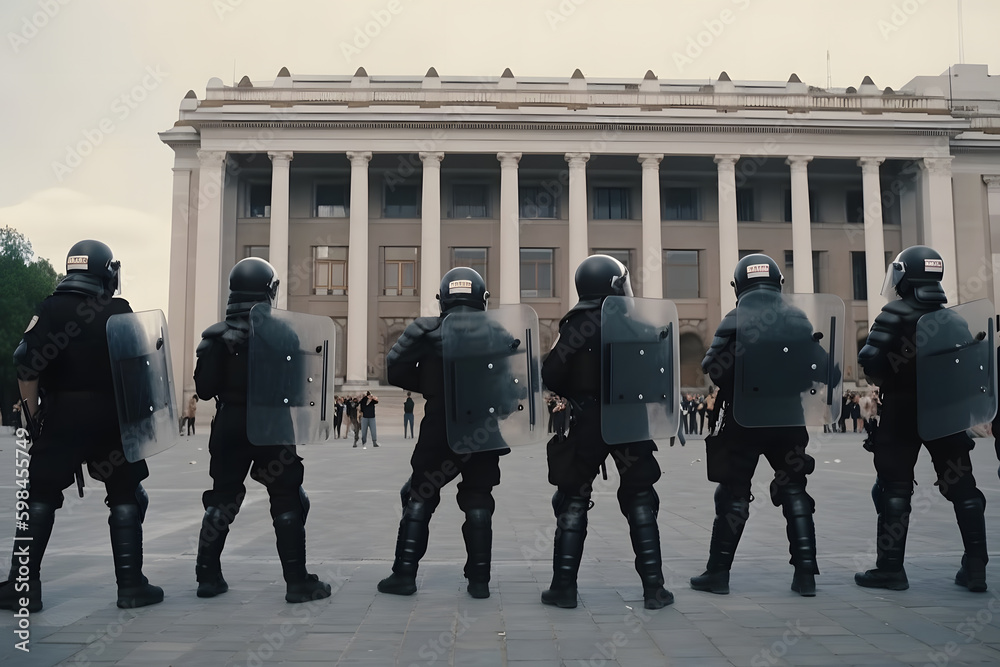 Low angle of anonymous police soldiers in protective uniforms and ...