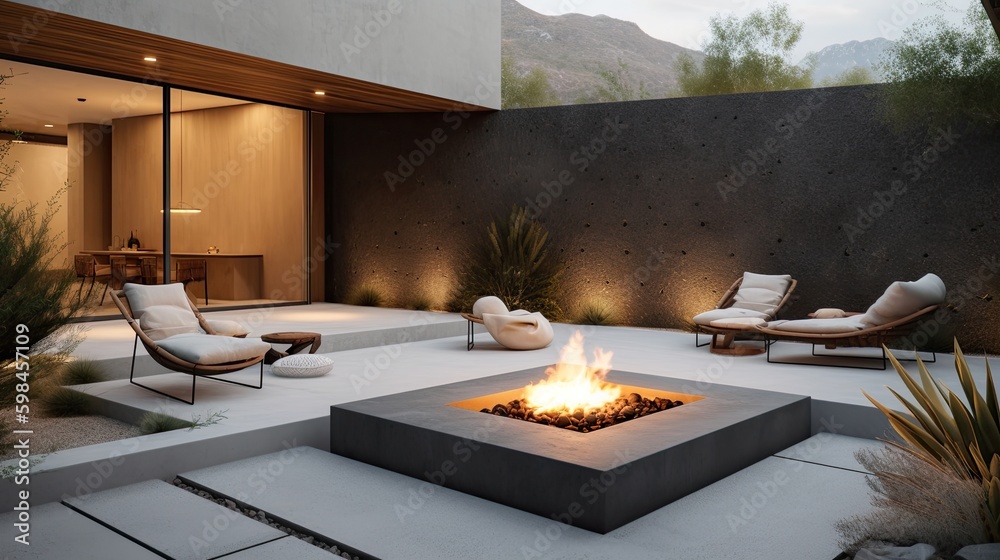 Minimalist outdoor lounge with a fire pit and comfortable seating ...