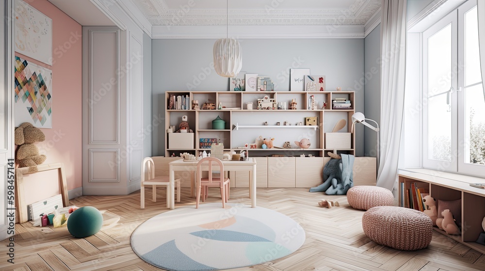 Minimalist playroom with a simple color palette and storage solutions ...