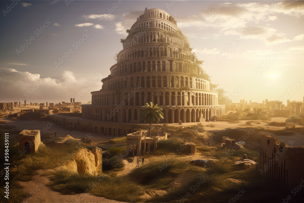 Ancient city of Babylon with the tower of Babel, bible and religion. AI ...