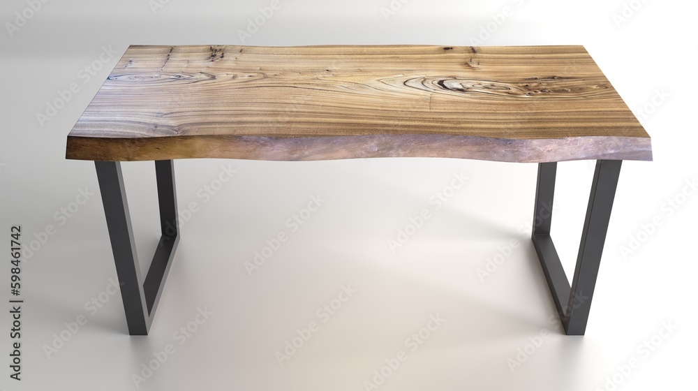 Wooden lacquered table with black metal legs on white background ...