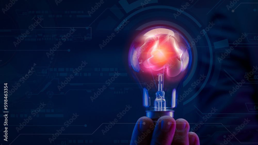 Businessman shows red abstract particles in light bulb, AI artificial ...