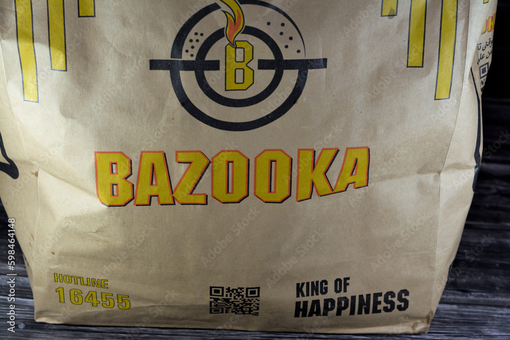 Cairo, Egypt, April 30 2023: Bazooka fast food delivery package of ...