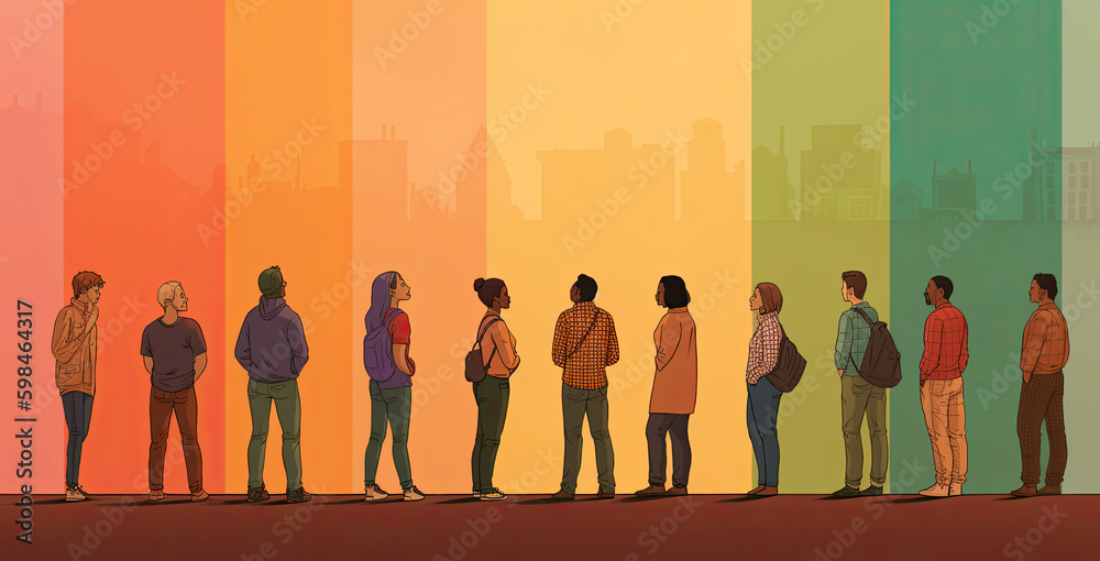 group of young people ilustration Gen Z generation, on colorful striped ...