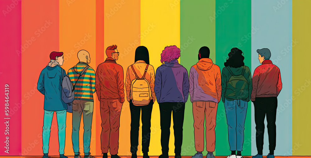 group of young people ilustration Gen Z generation, on colorful striped ...