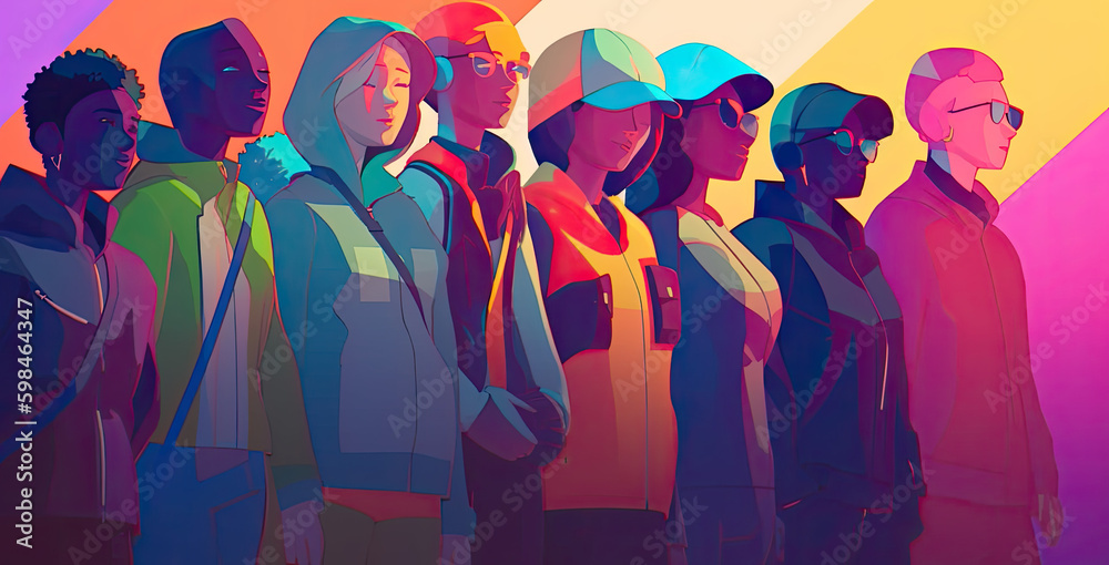row of yound people, colorful ilustration, ilustrating Generation Z Gen ...