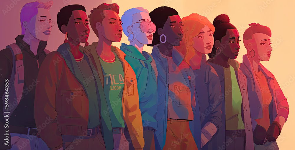 row of yound people, colorful ilustration, ilustrating Generation Z Gen ...