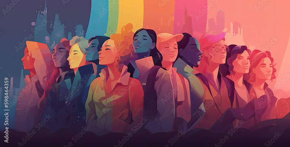 group of young people ilustration Gen Z generation, on colorful striped ...