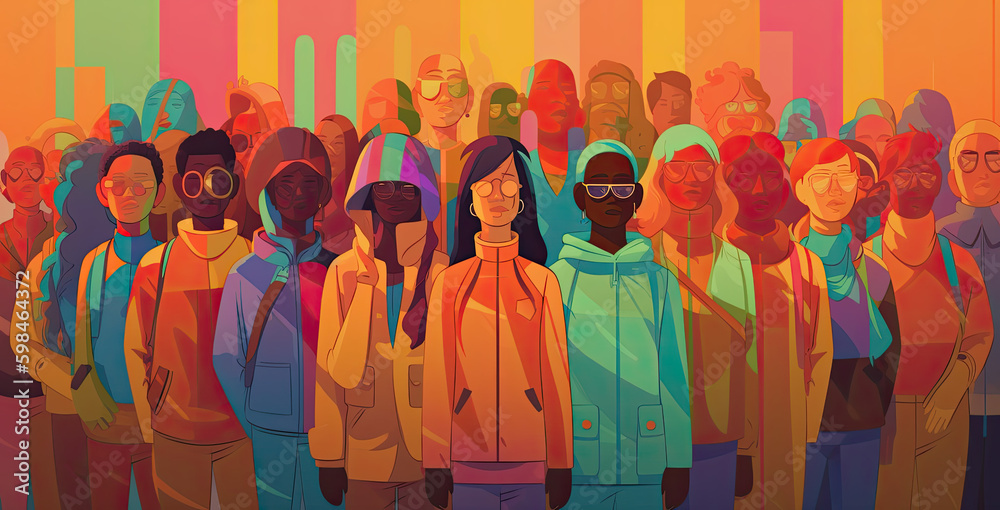 group of young people ilustration Gen Z generation, on colorful striped ...
