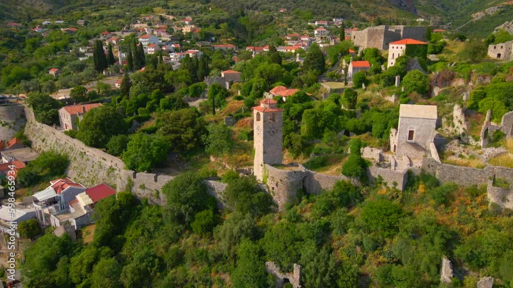 The drone footage captures the stunning ruins of Stari Bar, with stone ...