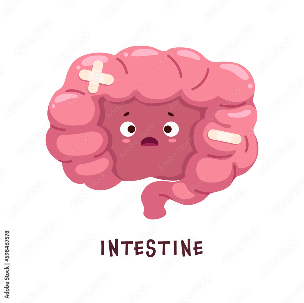 Intestine, sick body organ character injured or unhealthy, cartoon ...