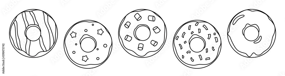 Set of different donuts doodle outline black and white vector ...