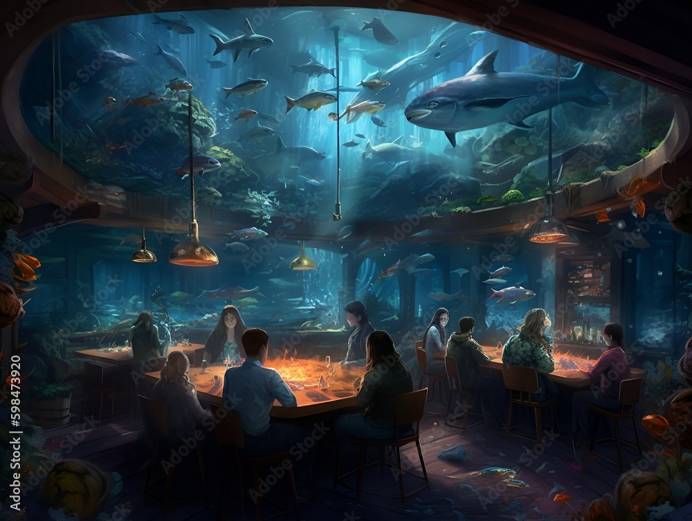 People eating in a fancy seafood restaurant with candles on the tables ...