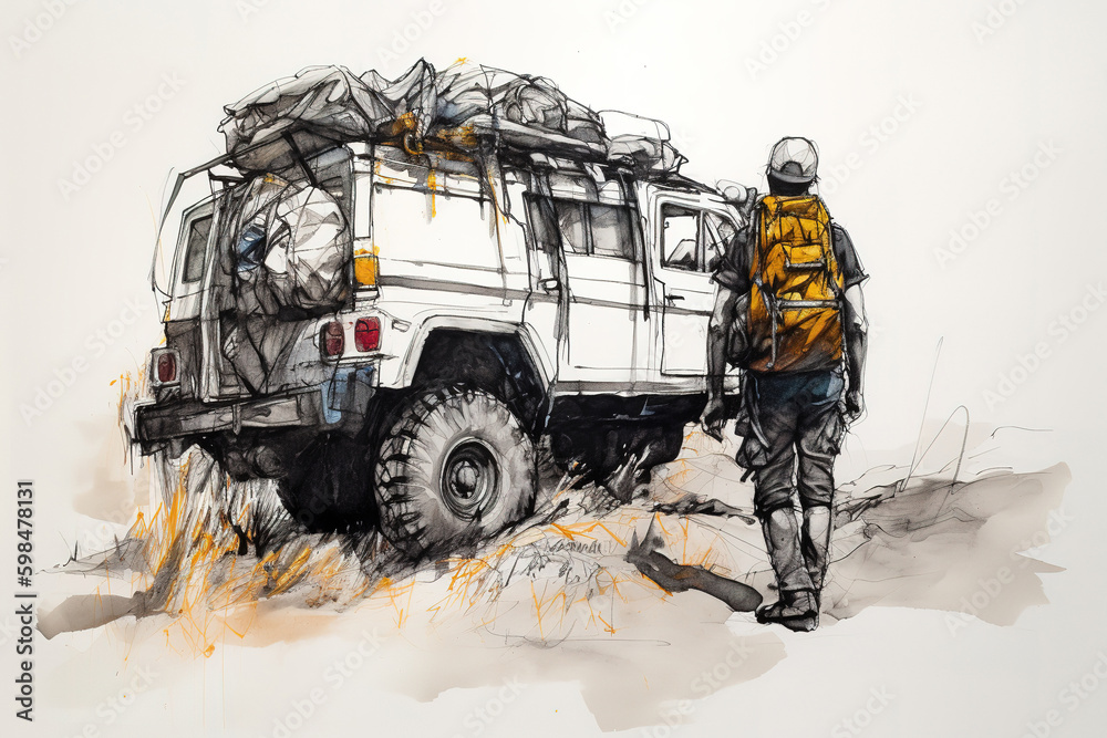 Overland off-road vehicle and an explorer person. Sketch charcoal ...
