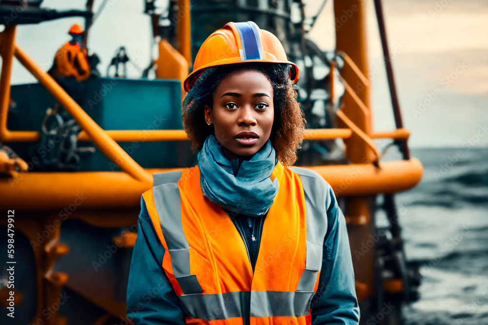 Portrait of the female oil worker in an orange vest a white ...