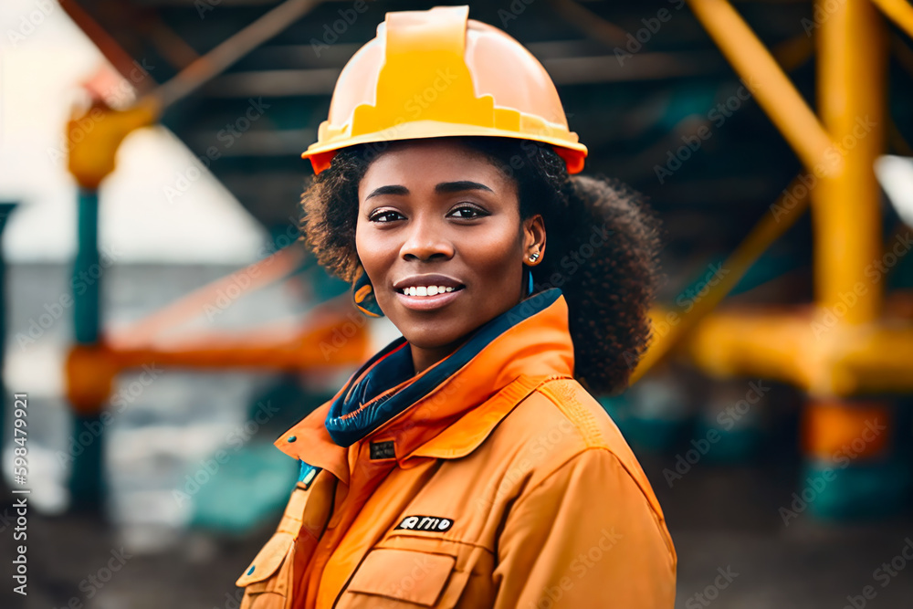 Portrait of the female oil worker in an orange vest a white ...