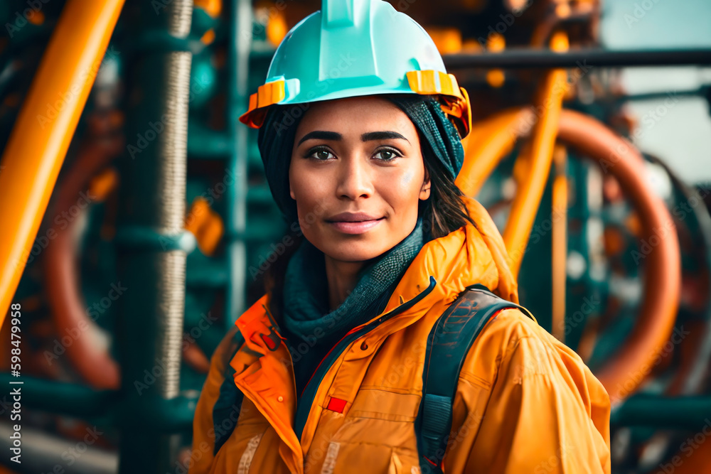Portrait of the female oil worker in an orange vest a white ...