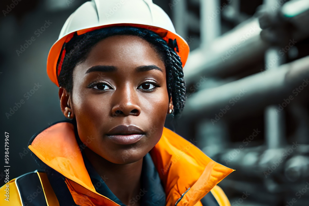 Portrait of the female oil worker in an orange vest a white construction helmet, sea oil rig ...