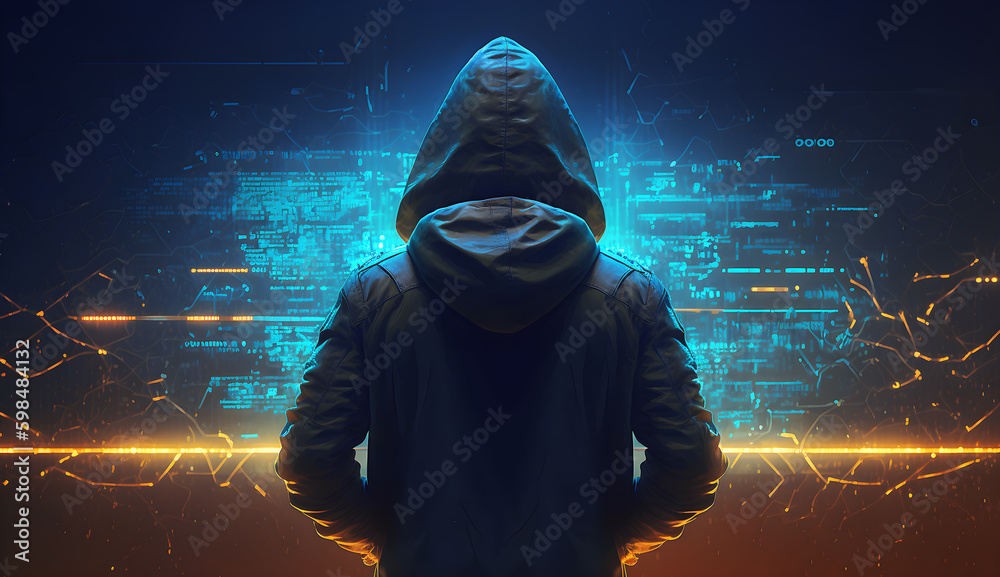 Hacker with binary code digital interface. Metaverse digital world technology. Internet crime ...