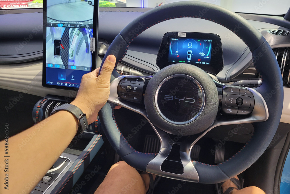 PENANG, MALAYSIA - 25 APR 2023: BYD Auto EV interior design and logo on ...