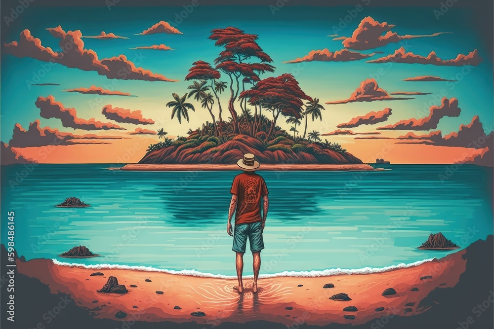 castaway stranded on an island beach. Fantasy concept , Illustration ...